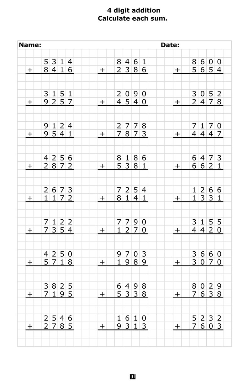 Addition Worksheets: Adding 4-digit Numbers in Columns. Addition 4 ...