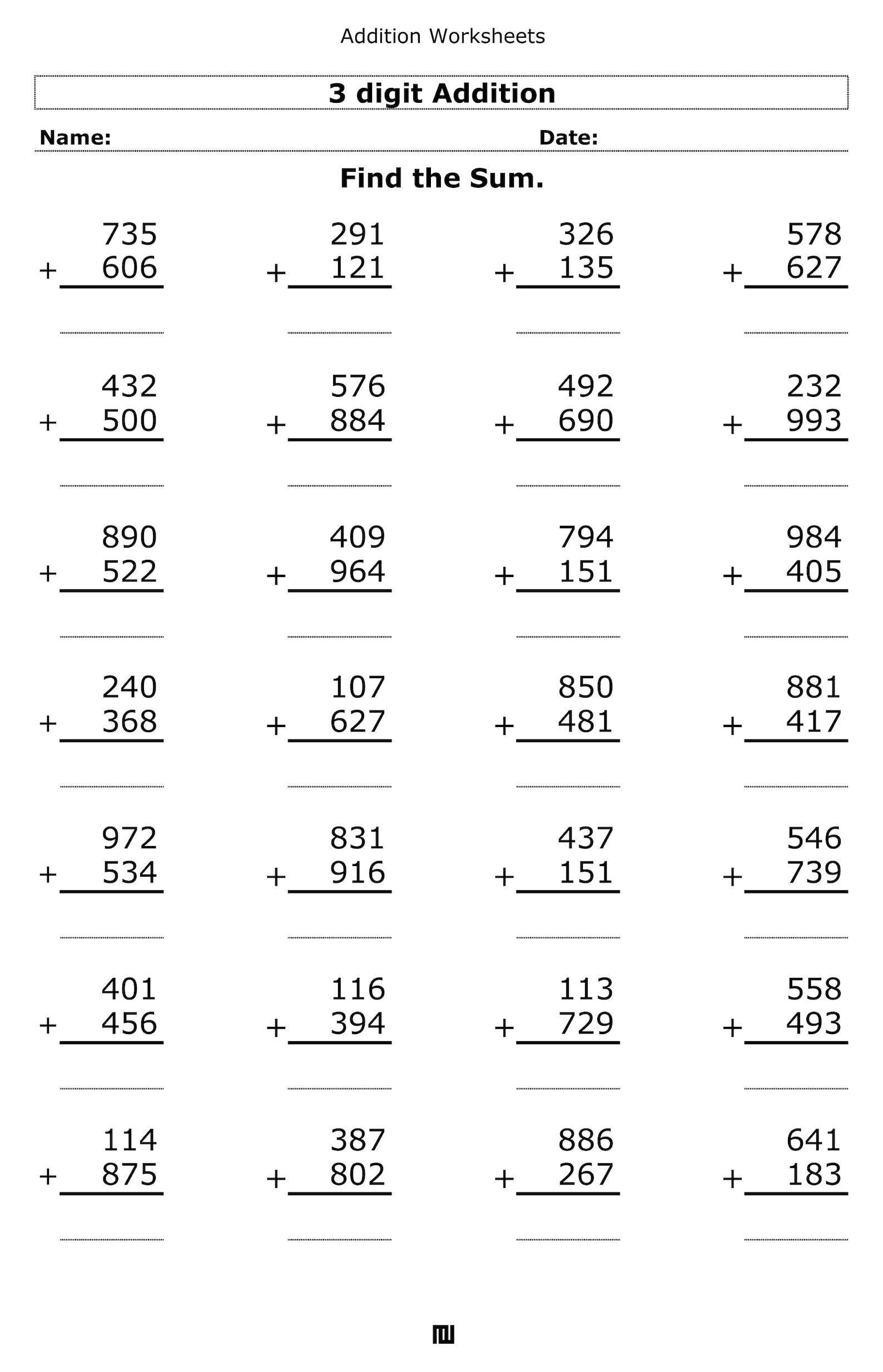 3 Digit Addition Worksheets. 2nd Grade 3rd Grade Math Worksheets. 3 ...