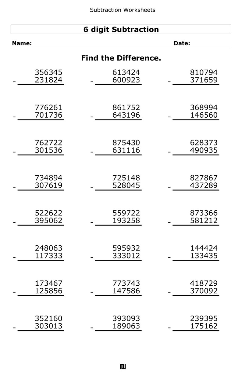 6 Digit Subtraction Worksheets. 6 Digit Minus 6 Digit Subtraction. Long Subtraction With 6 Digit ...