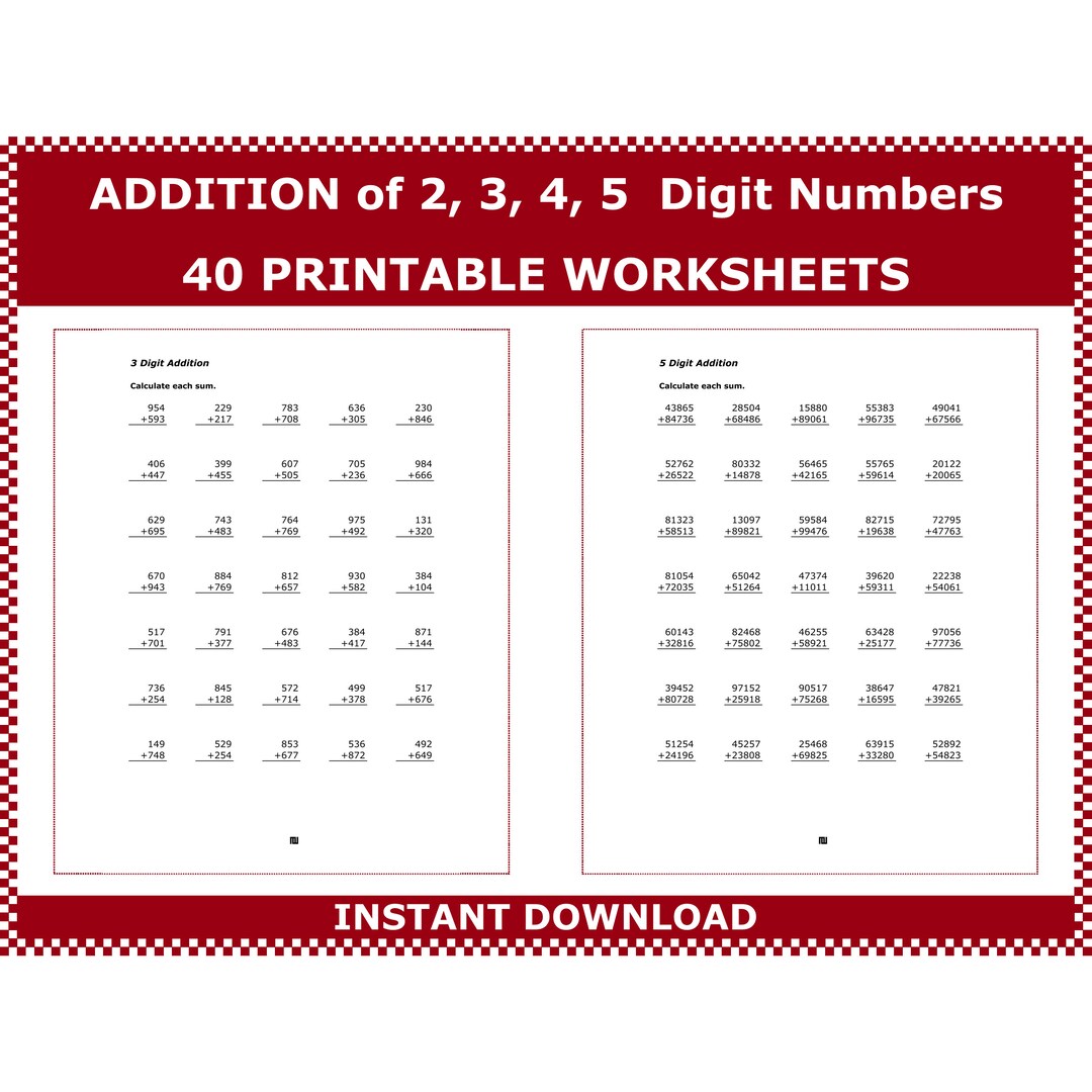 2 Digit Plus 2 Digit Addition. 3 Digit Plus 3 Digit Addition. 4 Digit ...