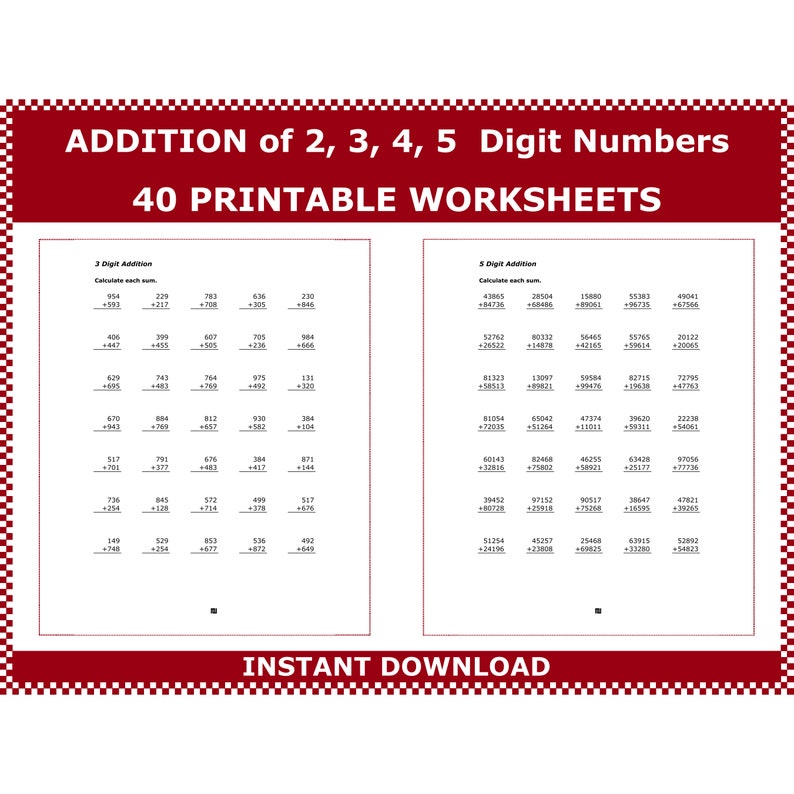 Addition Worksheets: 2, 3, 4, 5 Digit Problems (digital Download) - Etsy