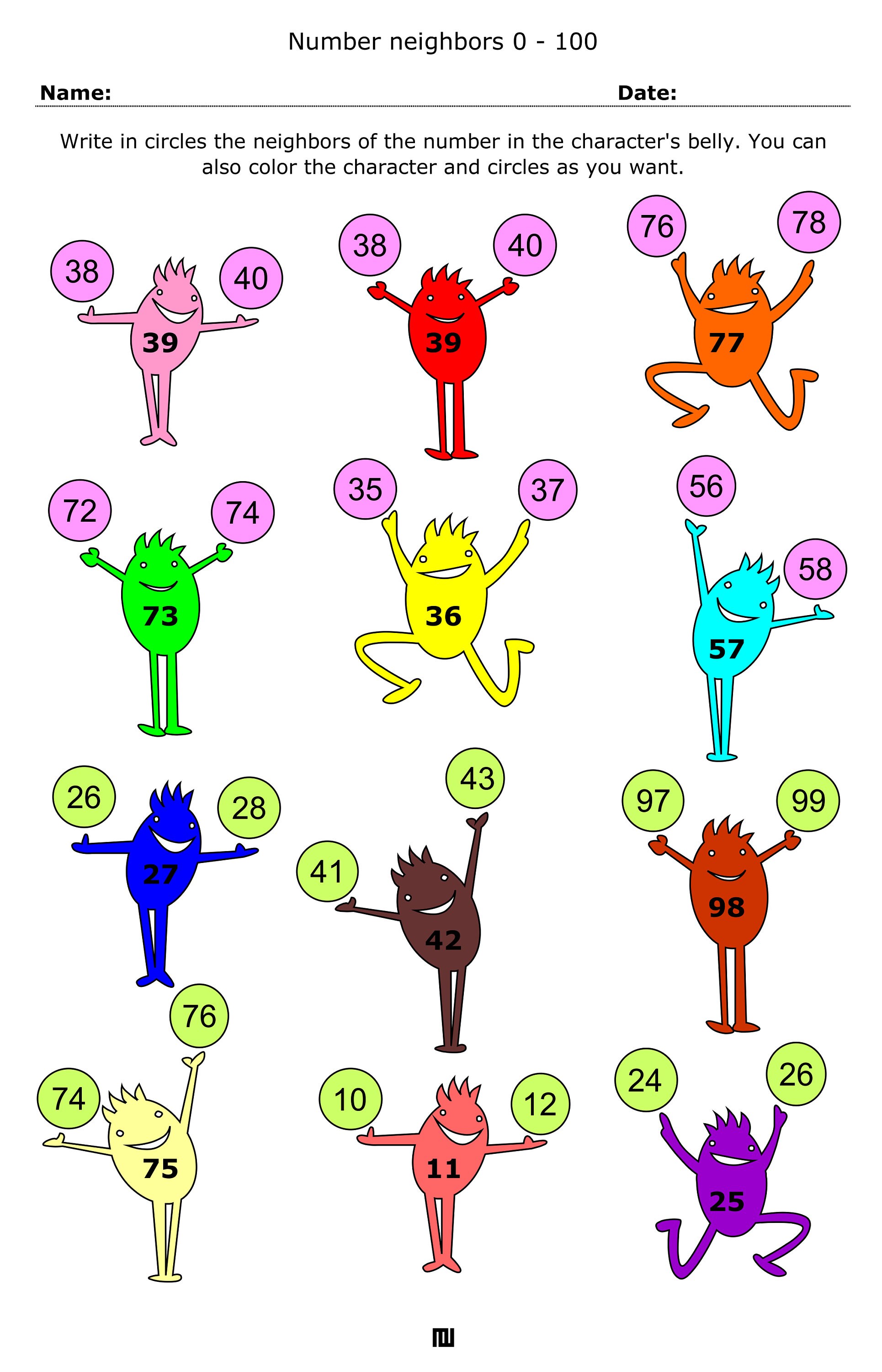 Number Neighbors 0 to 100 Printable Counting Activity for Kids. Number ...