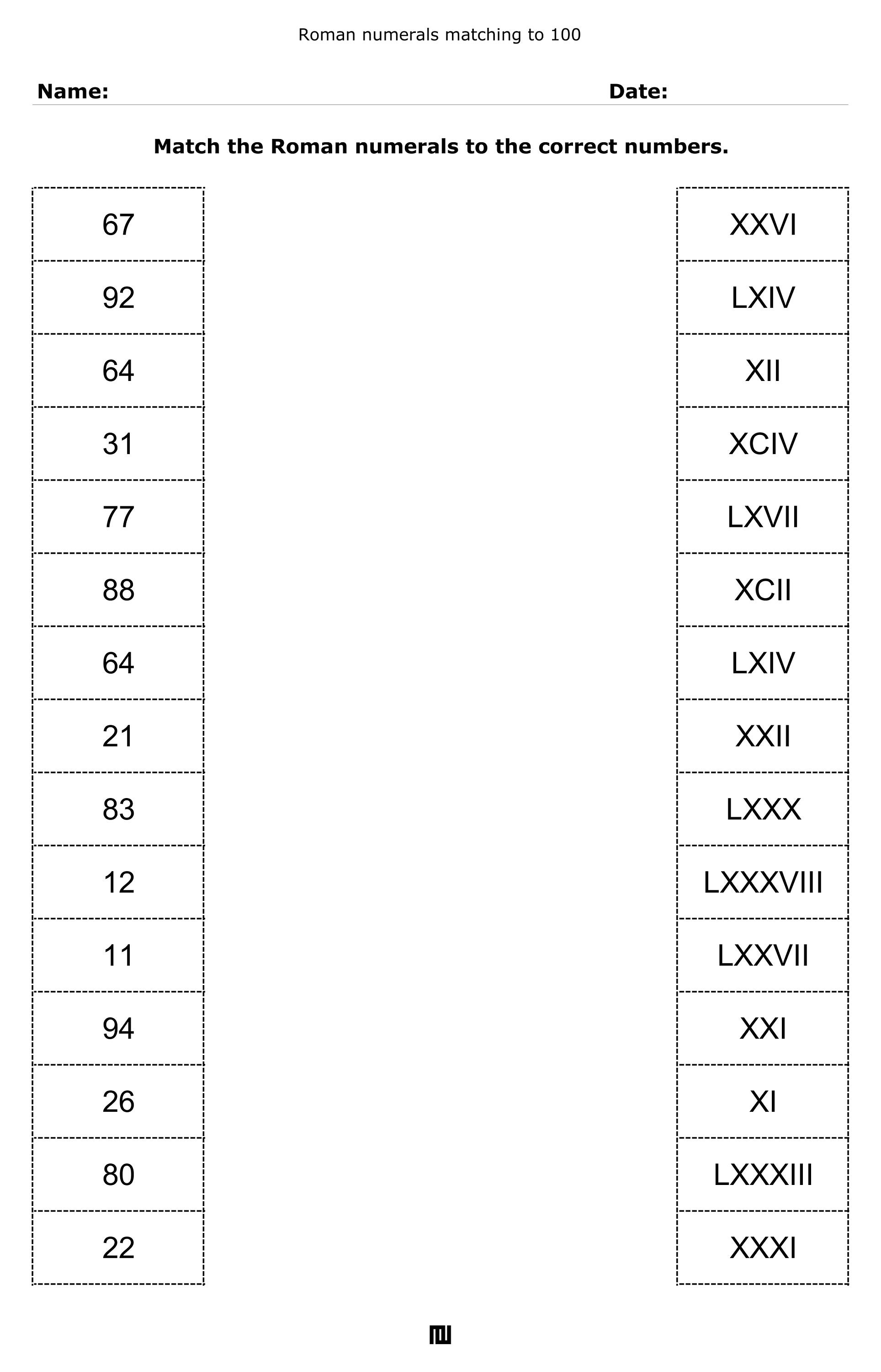 Roman Numerals Matching to 100. Match the Numbers 1 to 100. Converting ...