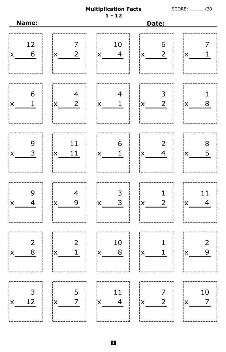 Multiplication Facts 1 to 12. Timed Tests, Scored Tests. Multiplication ...