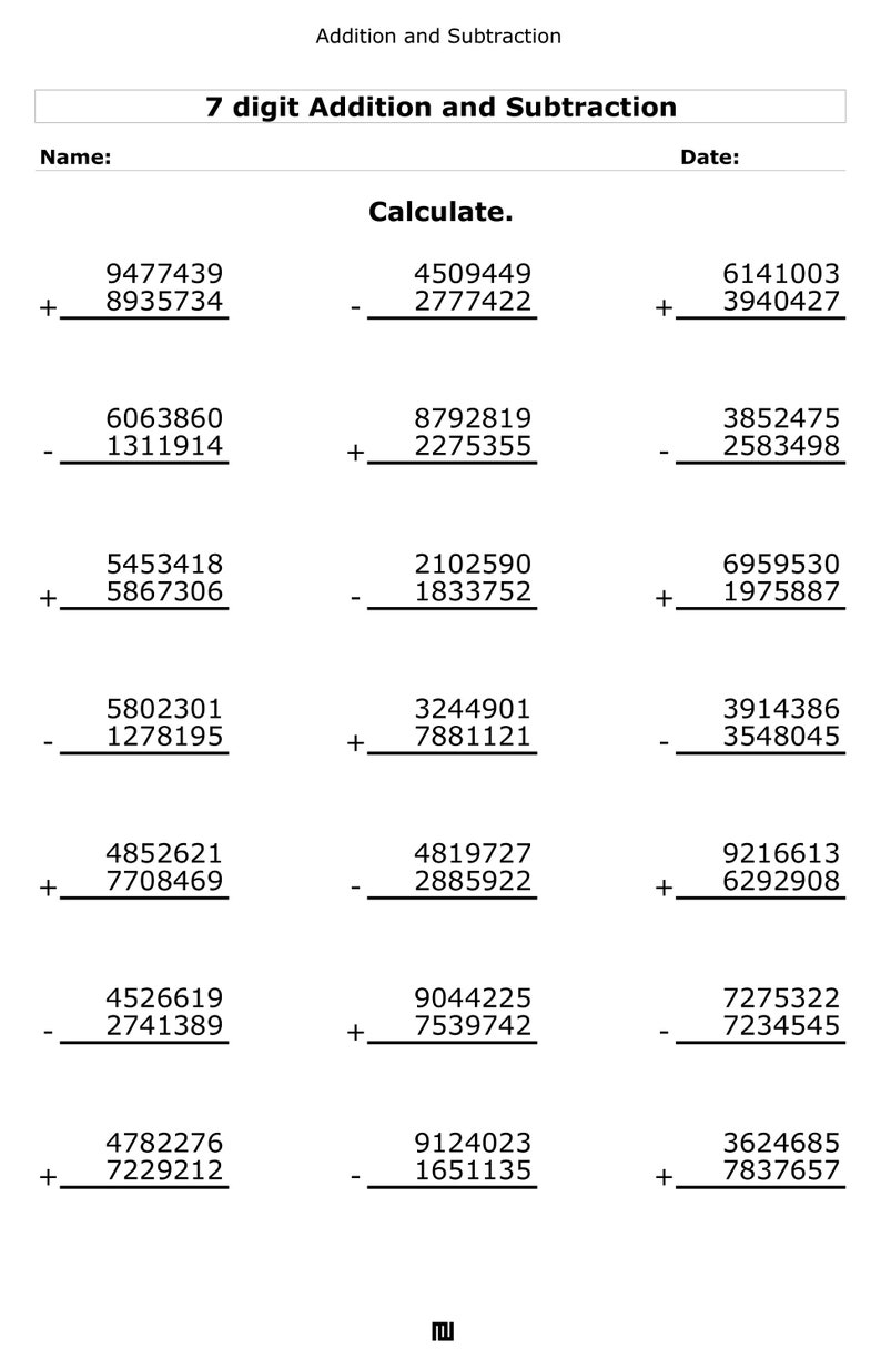 6-digit to 9-digit Addition and Subtraction Problems. Adding Large ...