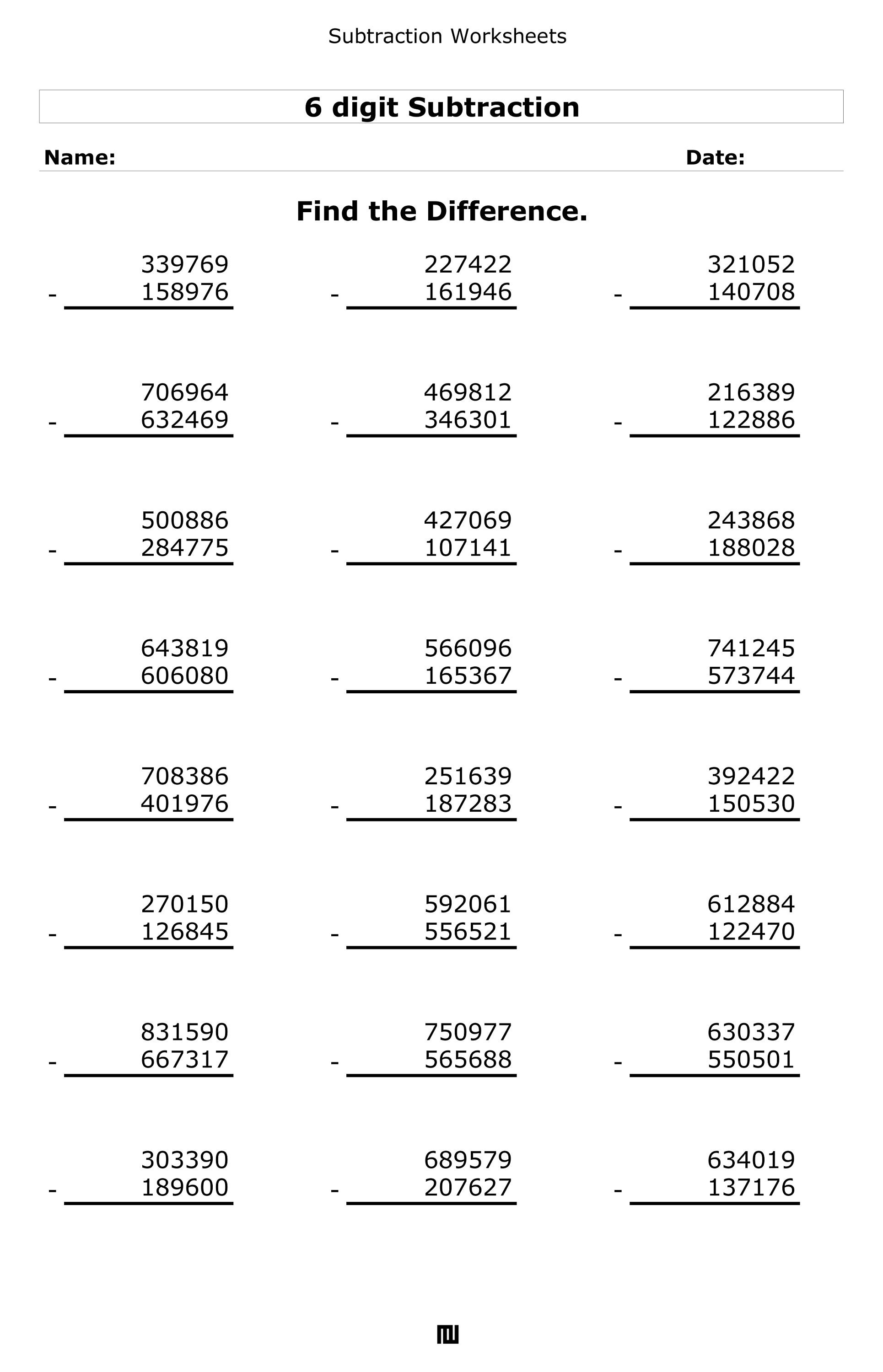 Multi Digit Subtraction Worksheets. Subtraction With 6, 7, 8 and 9 ...