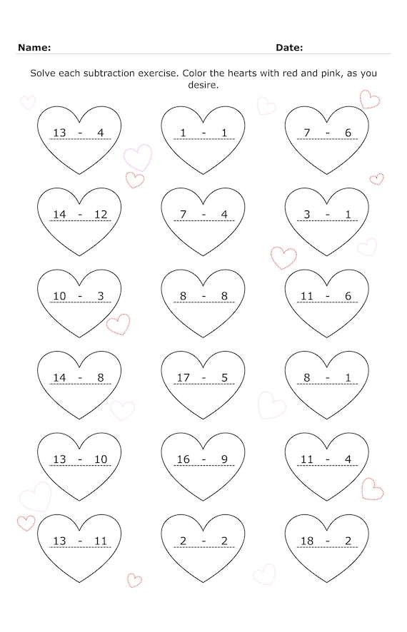 Valentine Subtraction Worksheets For Valentine's Day 2 Digit Addition