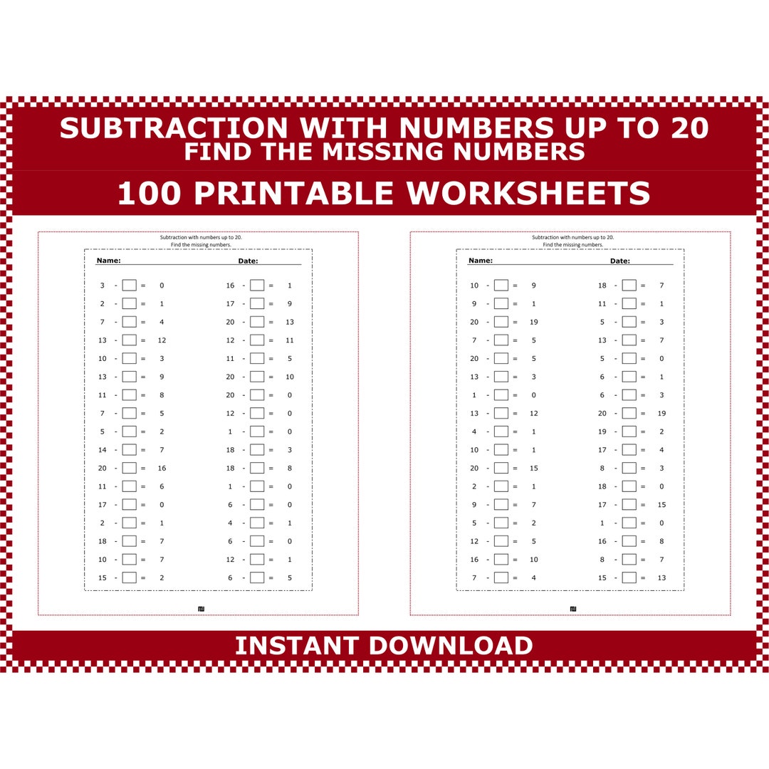 Subtraction With Numbers up to 20. Find the Missing Numbers. Mental ...