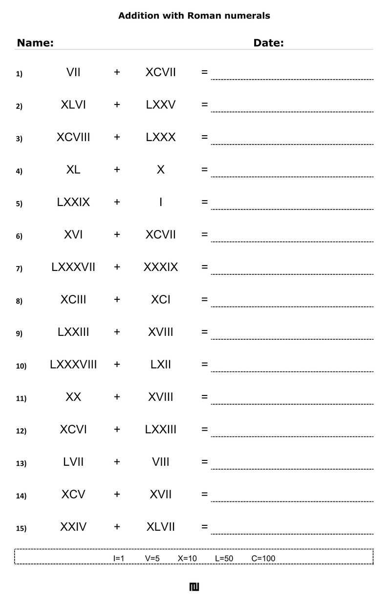 Roman Numerals Addition Worksheets: Math Exercises (digital Download ...