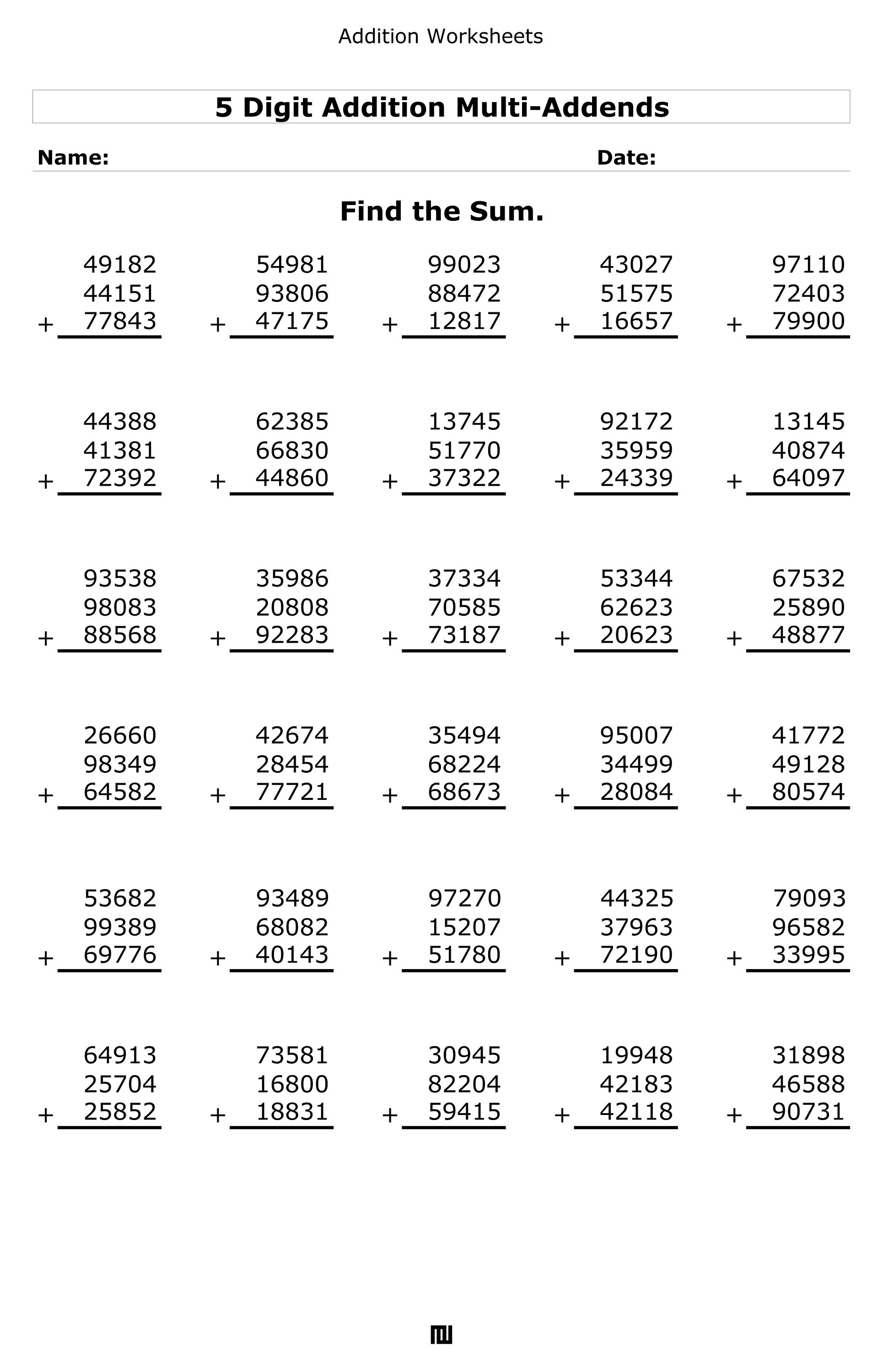 5 Digit Addition Multi-addends Worksheets. Multi-addends 5 Digit ...