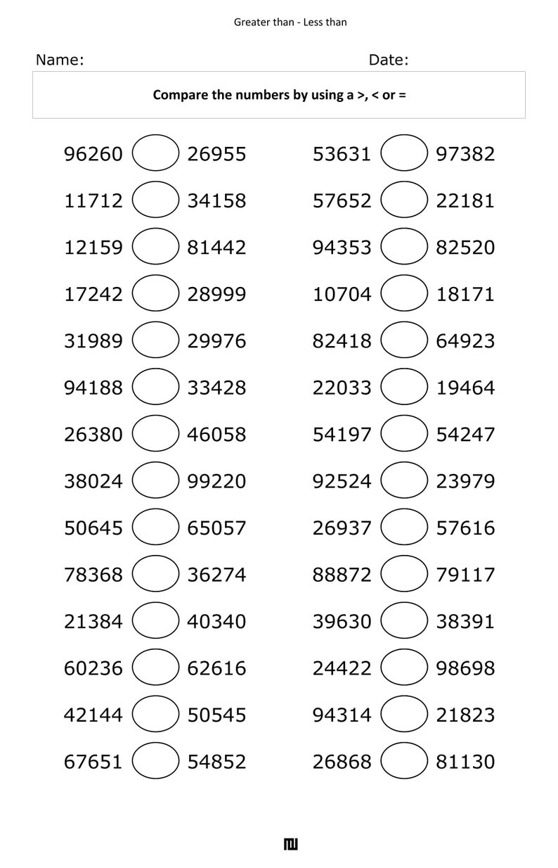 Comparing Numbers Worksheets: 2-5 Digit Math (PDF) - Etsy Ireland