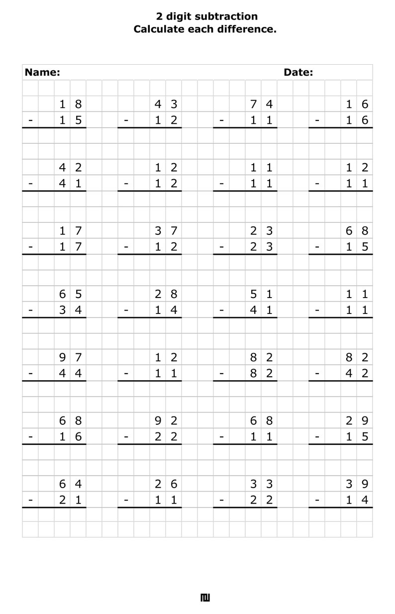 Double Digit Subtraction Worksheets for Kids. Subtracting 2 Digit ...
