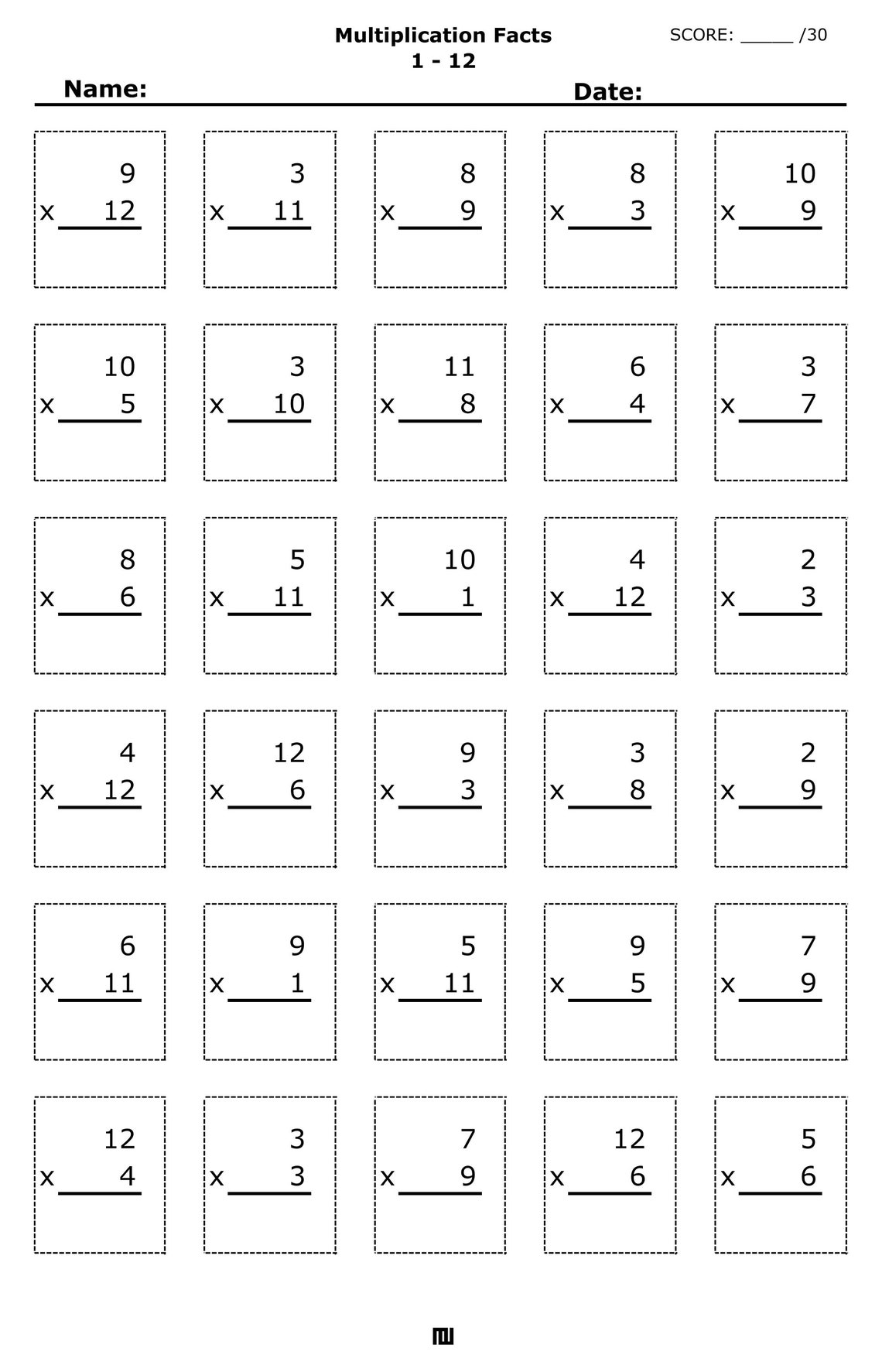 Multiplication Facts 1 to 12. Timed Tests Scored Tests. - Etsy