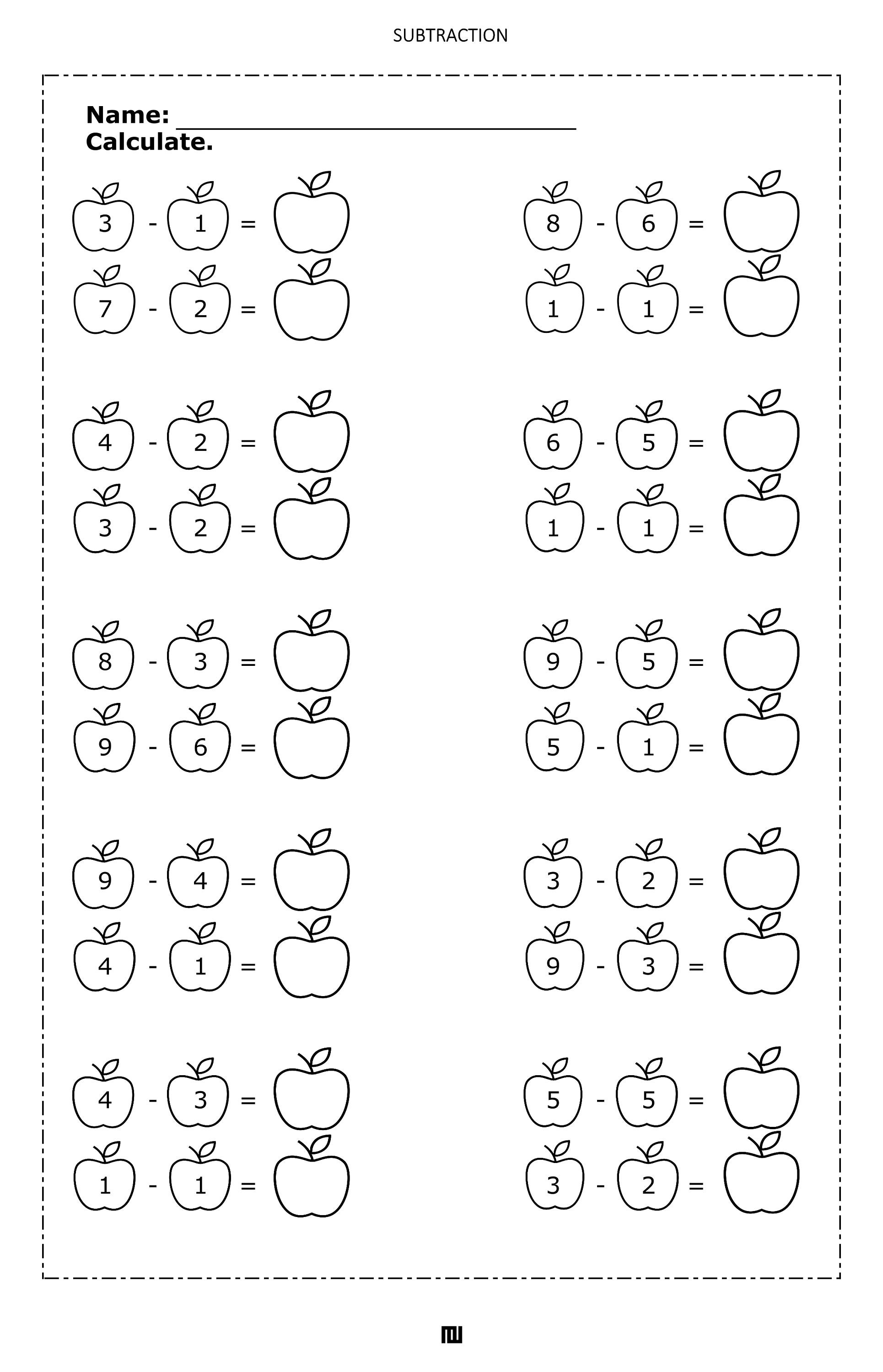 Subtraction Worksheets. 1 Digit Minus 1 Digit Subtraction. Single Digit ...
