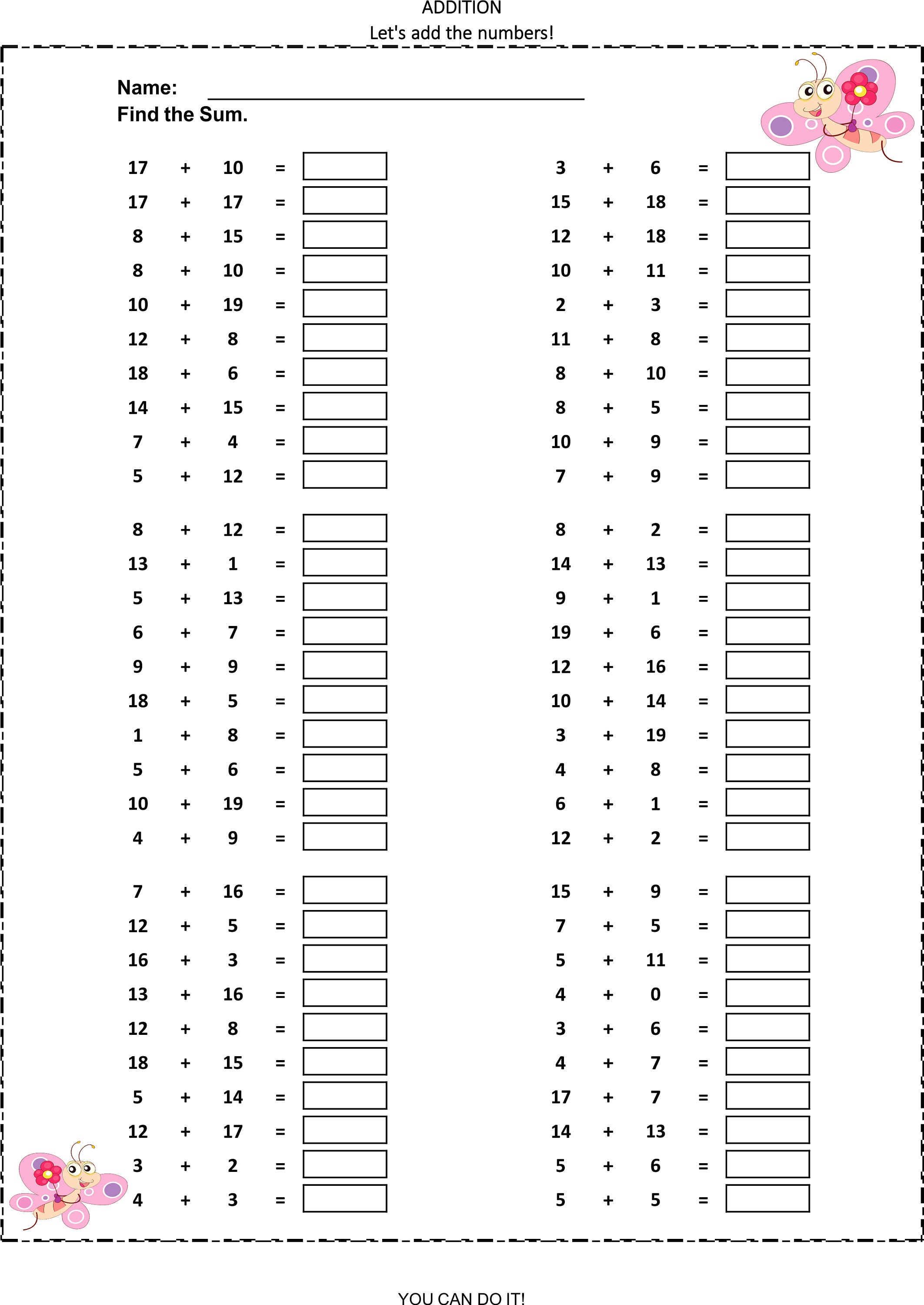 1 Digit Plus 1 Digit Addition. 2 Digit Plus 1 Digit Addition. Printable ...