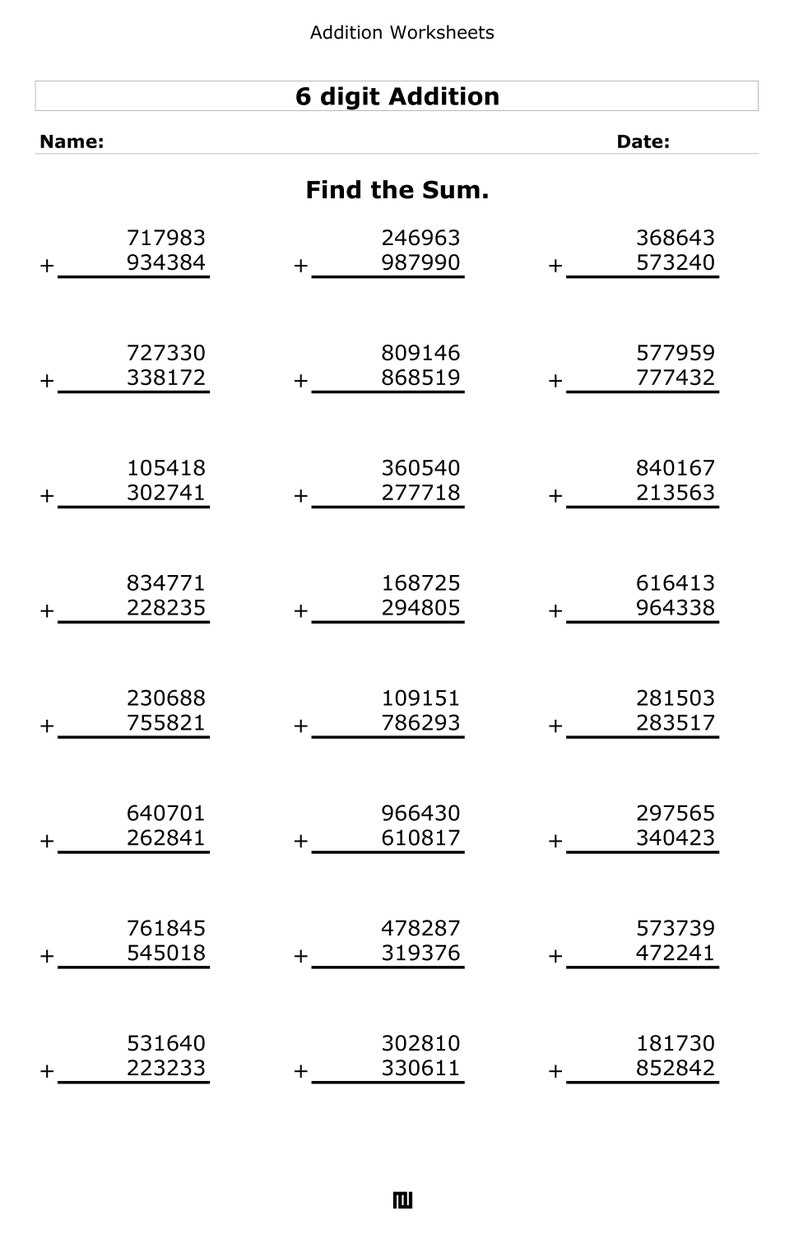 6 Digit Plus 6 Digit Addition. 7 Digit Plus 7 Digit Addition. 8 Digit ...