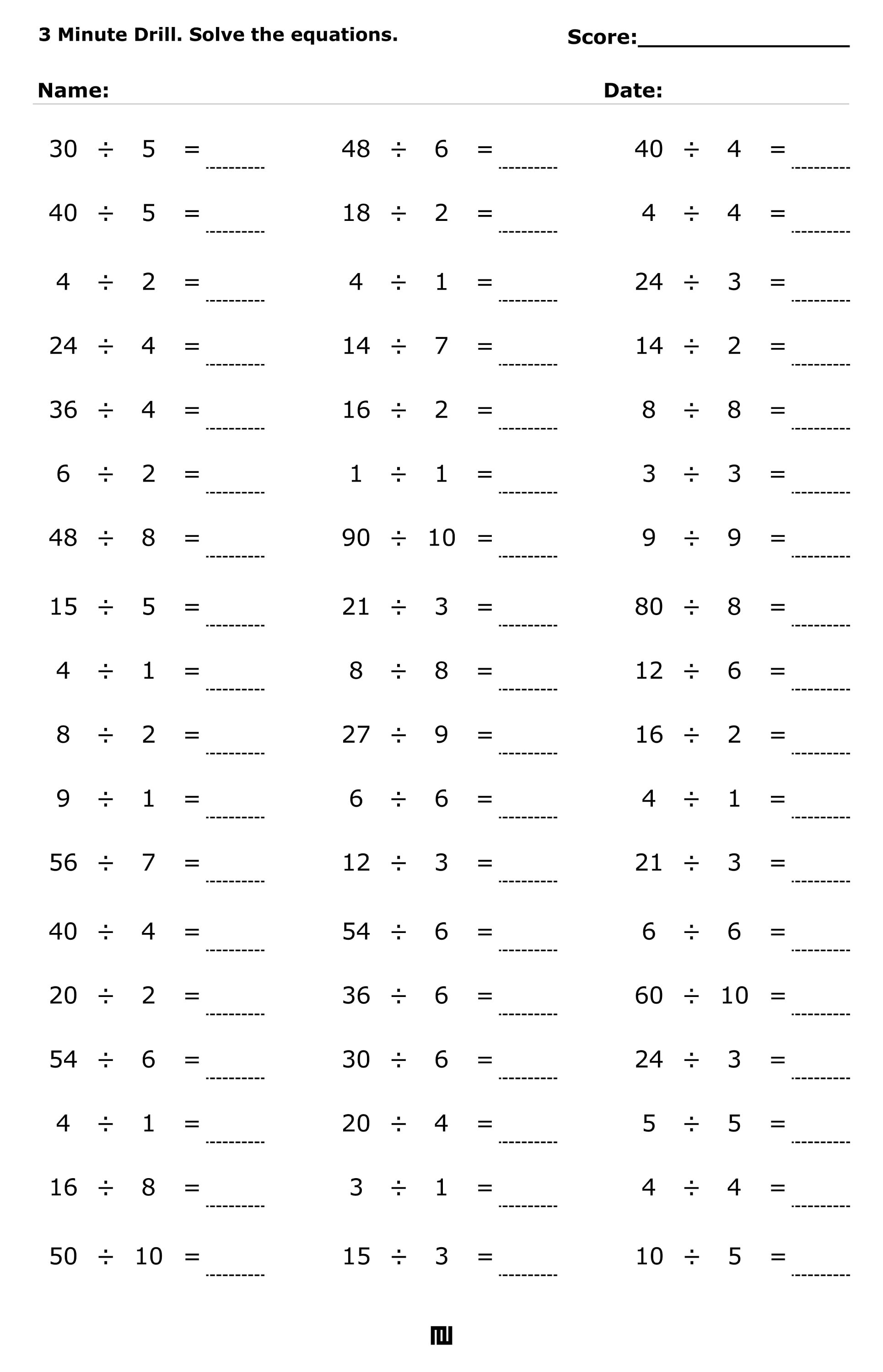 Division Worksheets. Solve the Equations. 3 Minute Division Drill ...