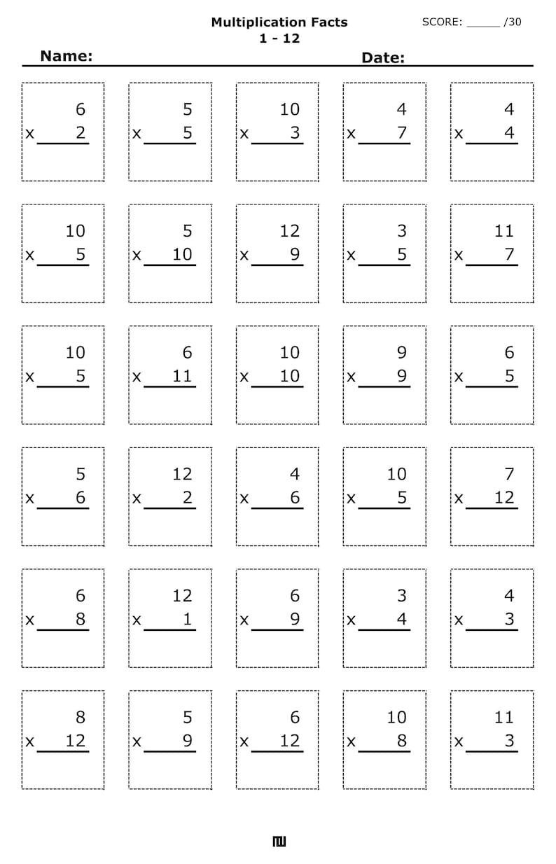 Multiplication Facts 1 to 12. Timed Tests, Scored Tests. Multiplication ...