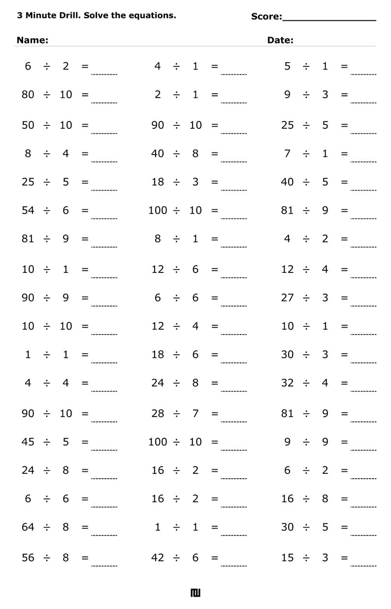 Division Facts Worksheets: 3-minute Drills, 100 Pages (PDF) - Etsy