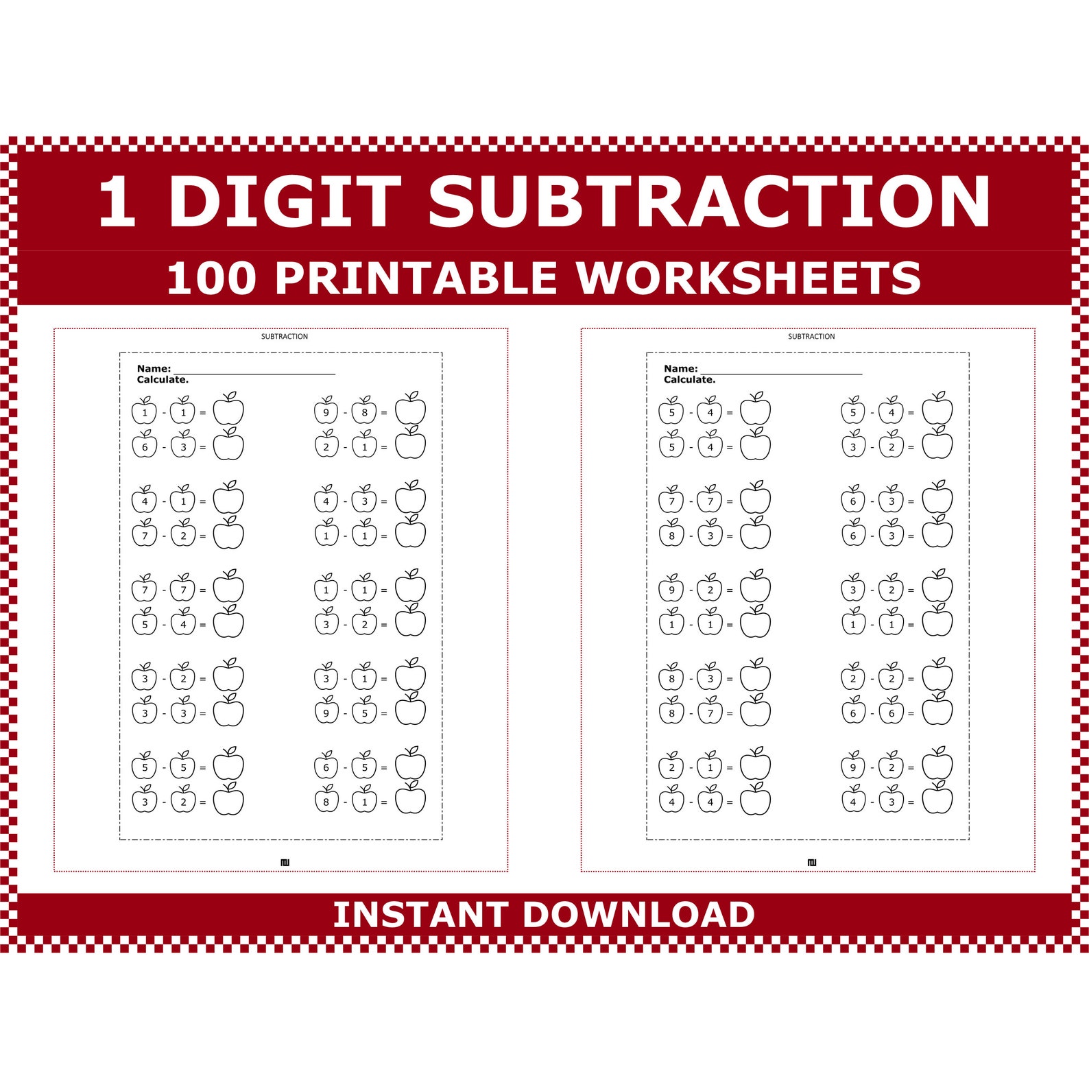 Subtraction Worksheets. 1 Digit Minus 1 Digit Subtraction. Single Digit ...