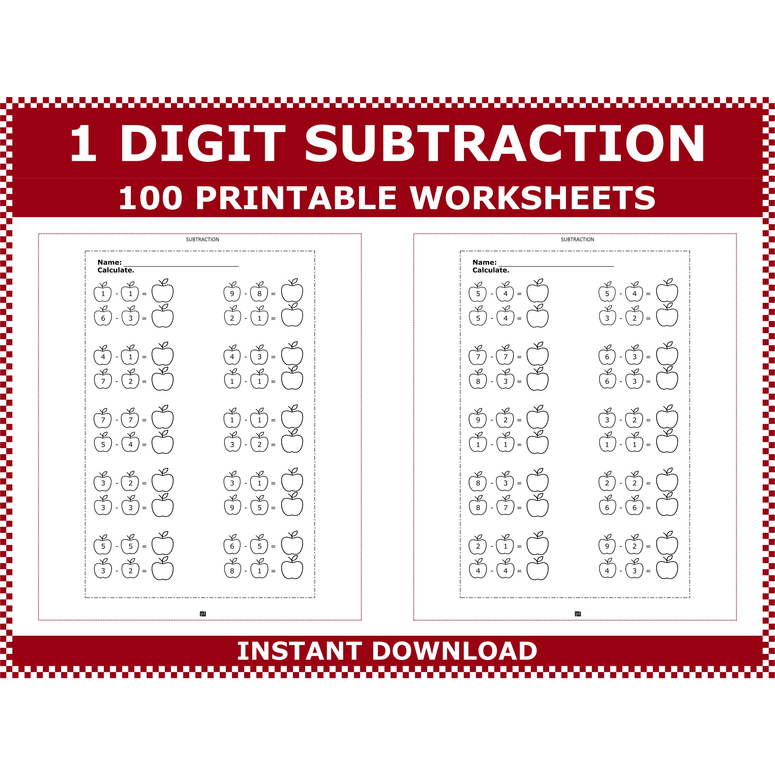Subtraction Worksheets. 1 Digit Minus 1 Digit Subtraction. Single Digit ...