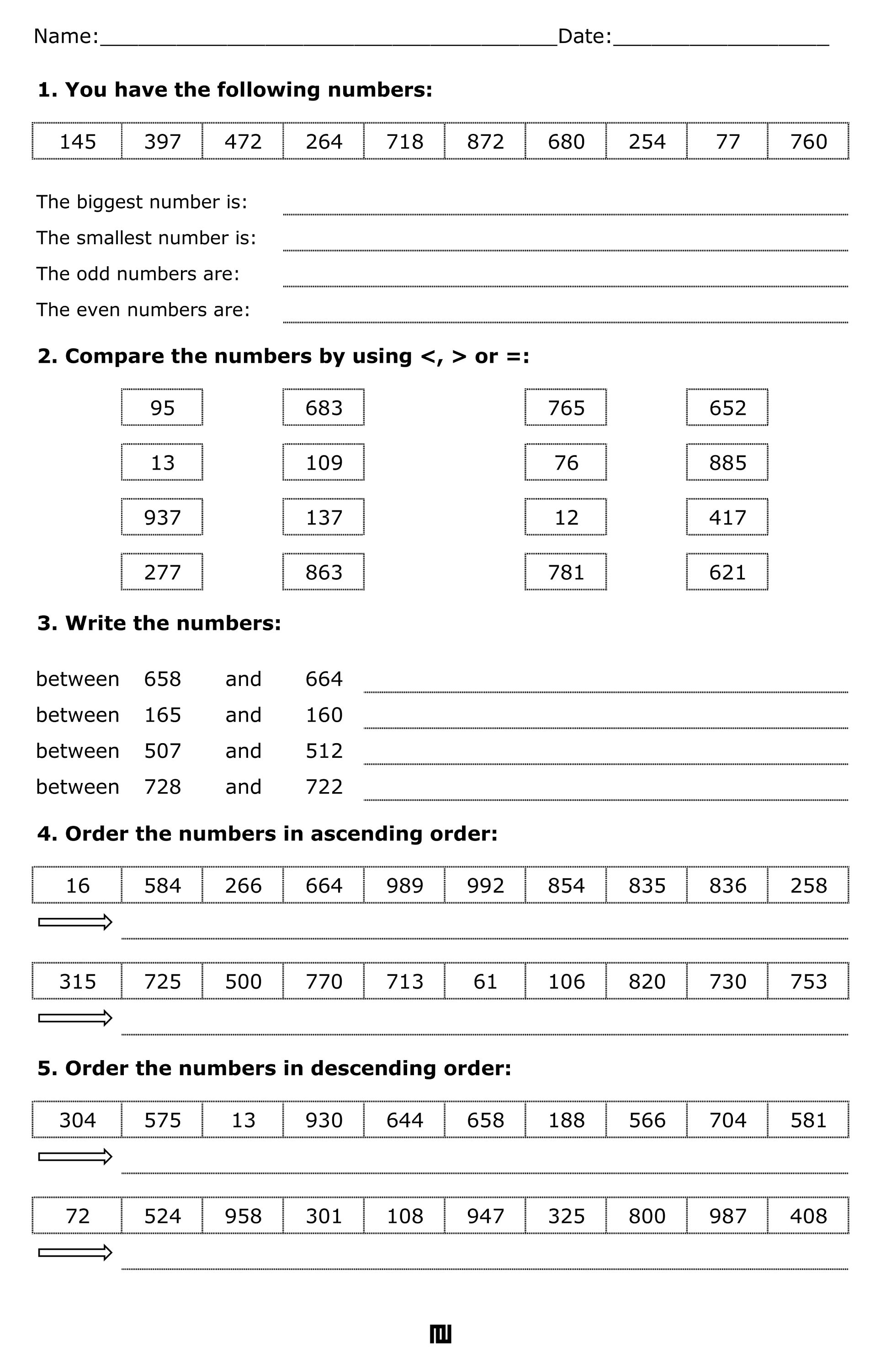 Second Grade Math Worksheets With Numbers up to 1000. Ordering Numbers ...