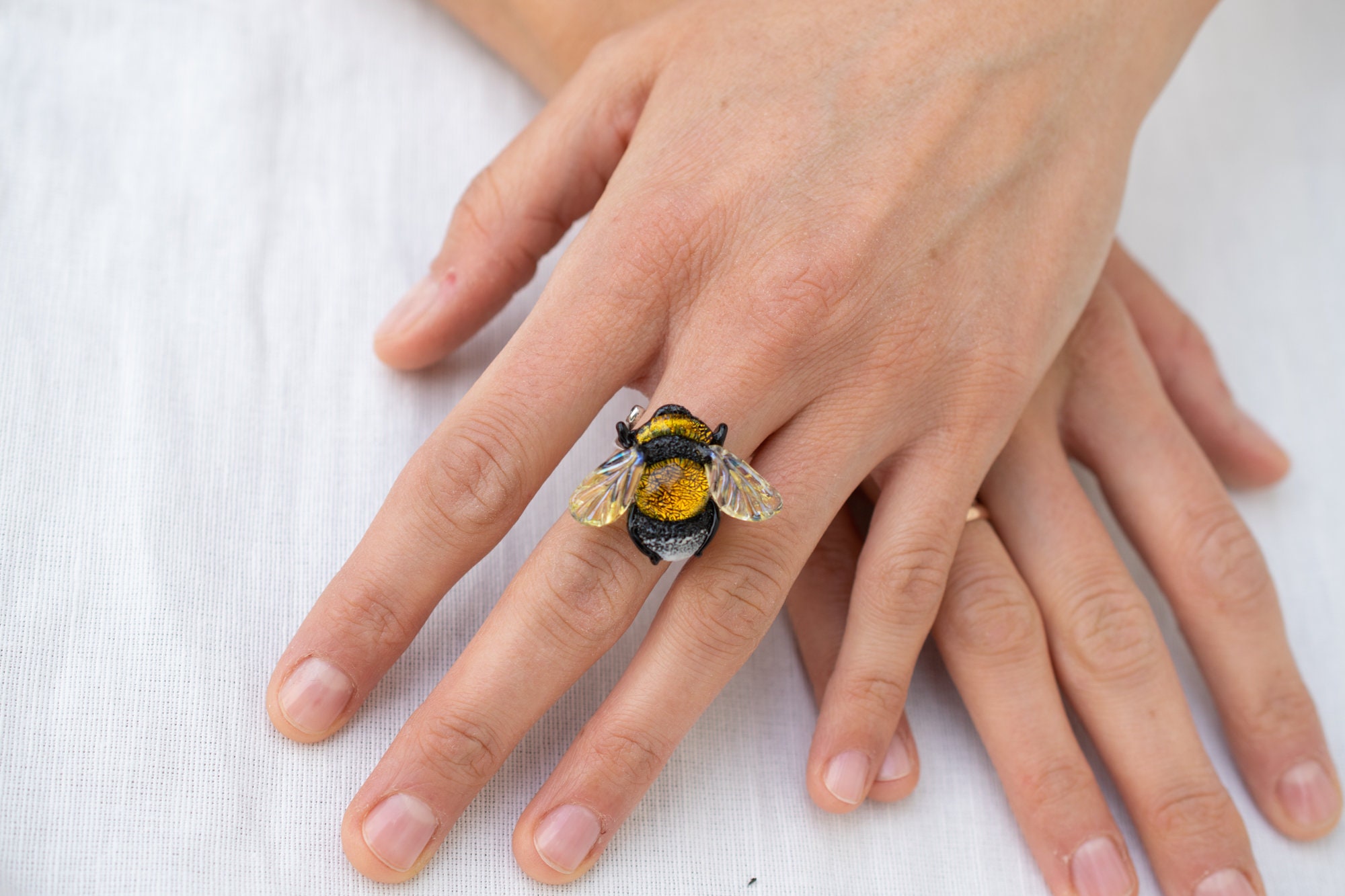 Bee Ring Golden Bee Jewelry Dichroic Glass Ring Silver - Etsy