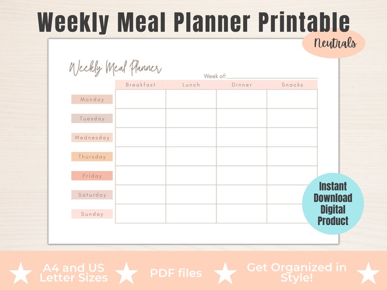 Weekly Meal Planner Printable US Letter and A4 Planner Page - Etsy