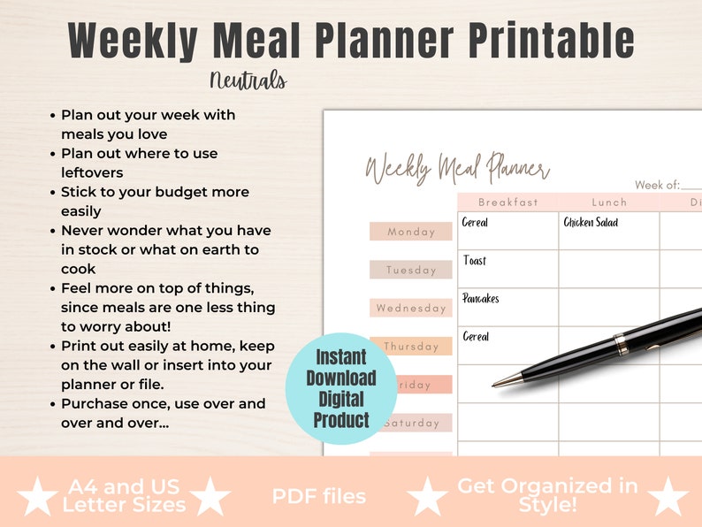 Weekly Meal Planner Printable US Letter and A4 Planner Page - Etsy