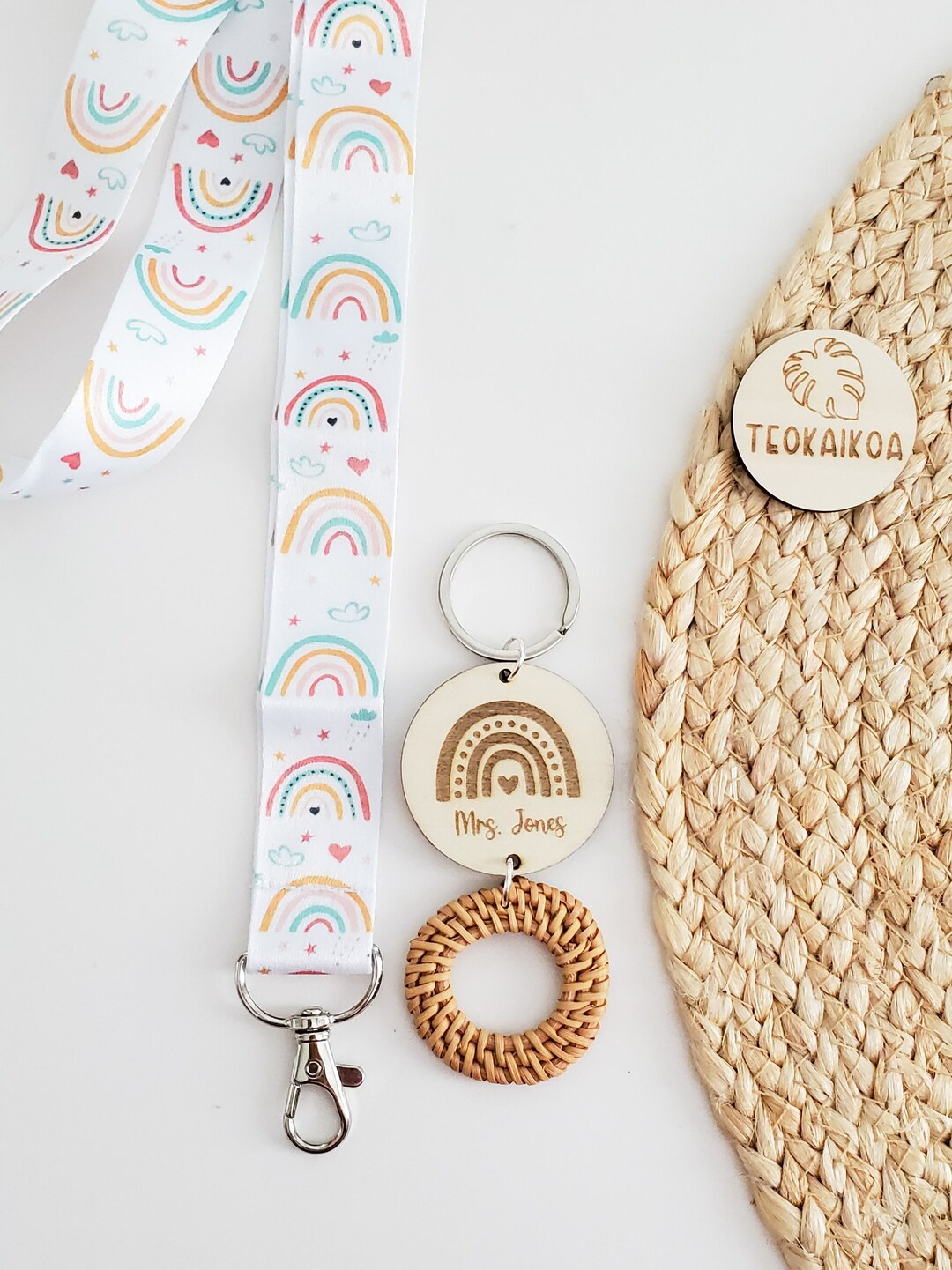 Boho Rainbow Lanyard, Rattan Lanyard, Lanyard for Keys, Lanyard for ...