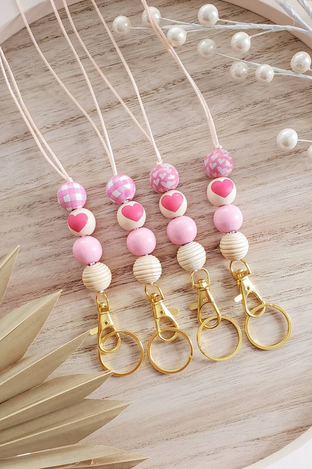 Pink VALENTINE Lanyard | Pink Heart Lanyard | Wood Beads | Teacher ...