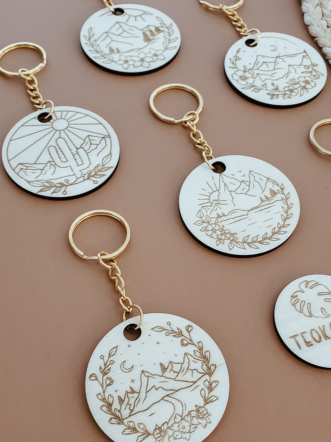 Mountain Keychains | Boho Landscape Keychain | Engraved Wood Keychain ...