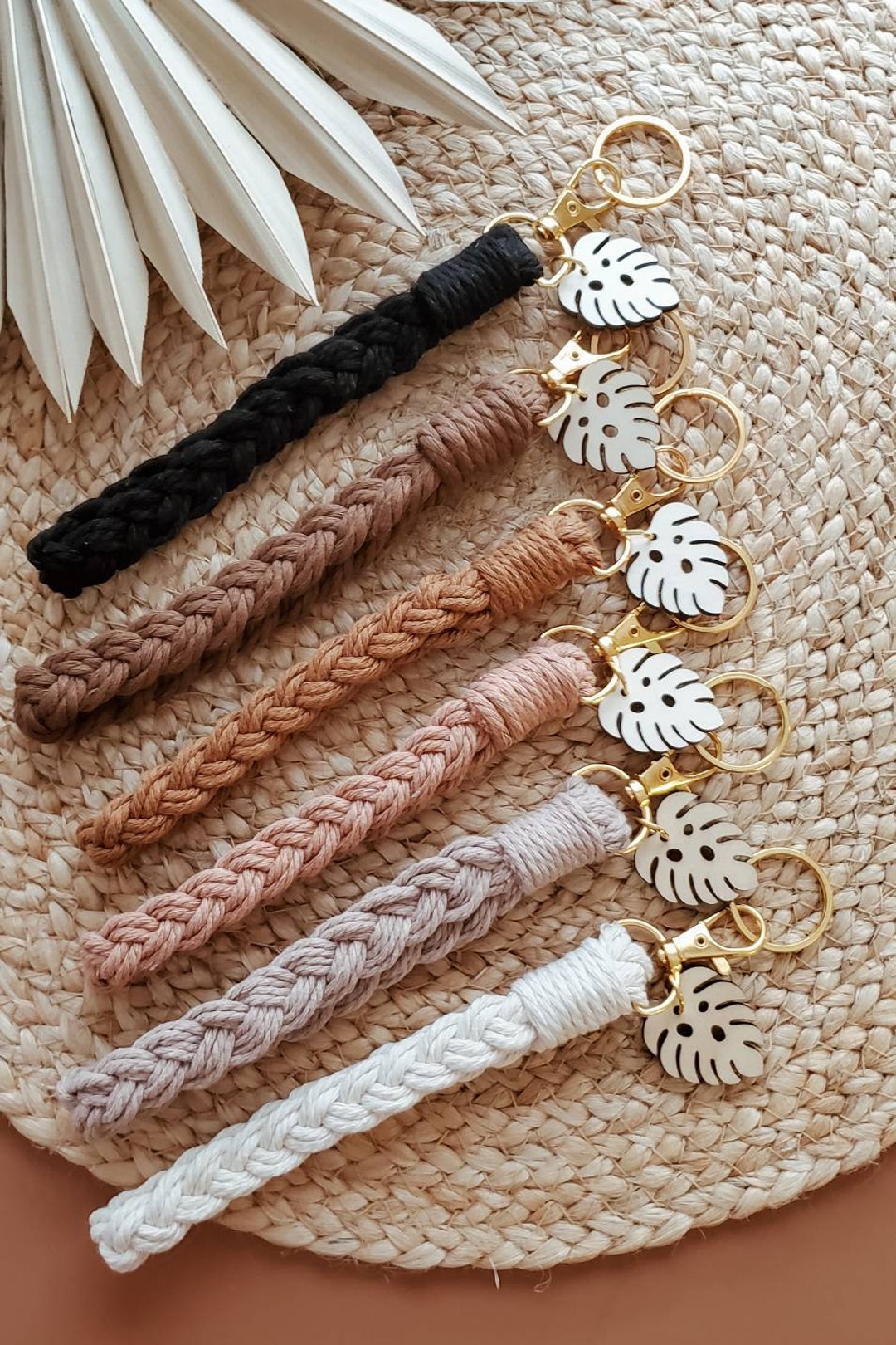 MONSTERA Macrame Wristlet | Boho Wristlet Keychain With WOOD Monstera ...