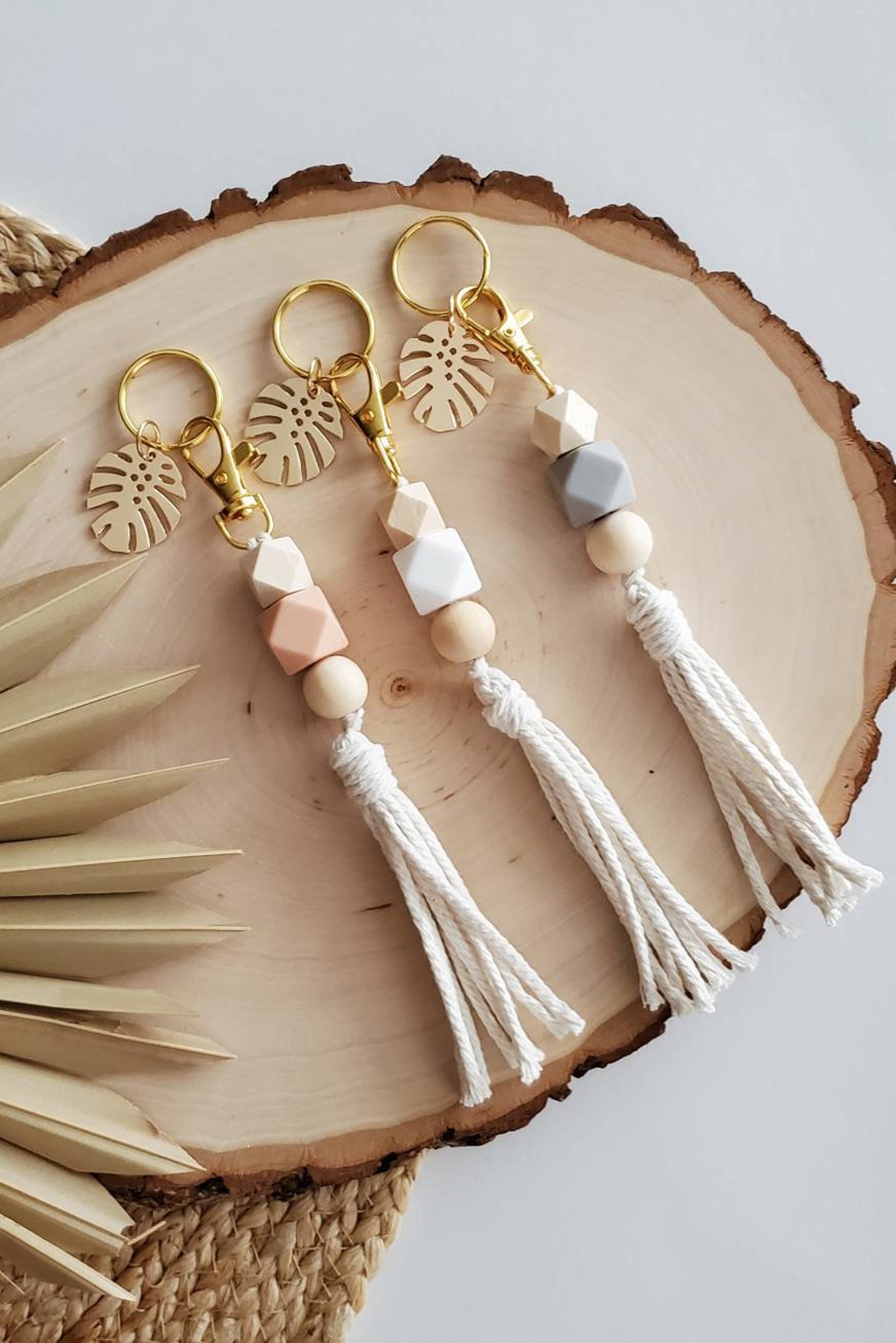 BOHO Monstera Keychain Neutral Keychain Silicone and Wood - Etsy