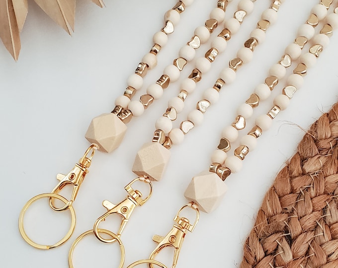 Gold Heart Beaded Lanyard Boho Teacher Lanyard Valentine Heart Lanyard ...