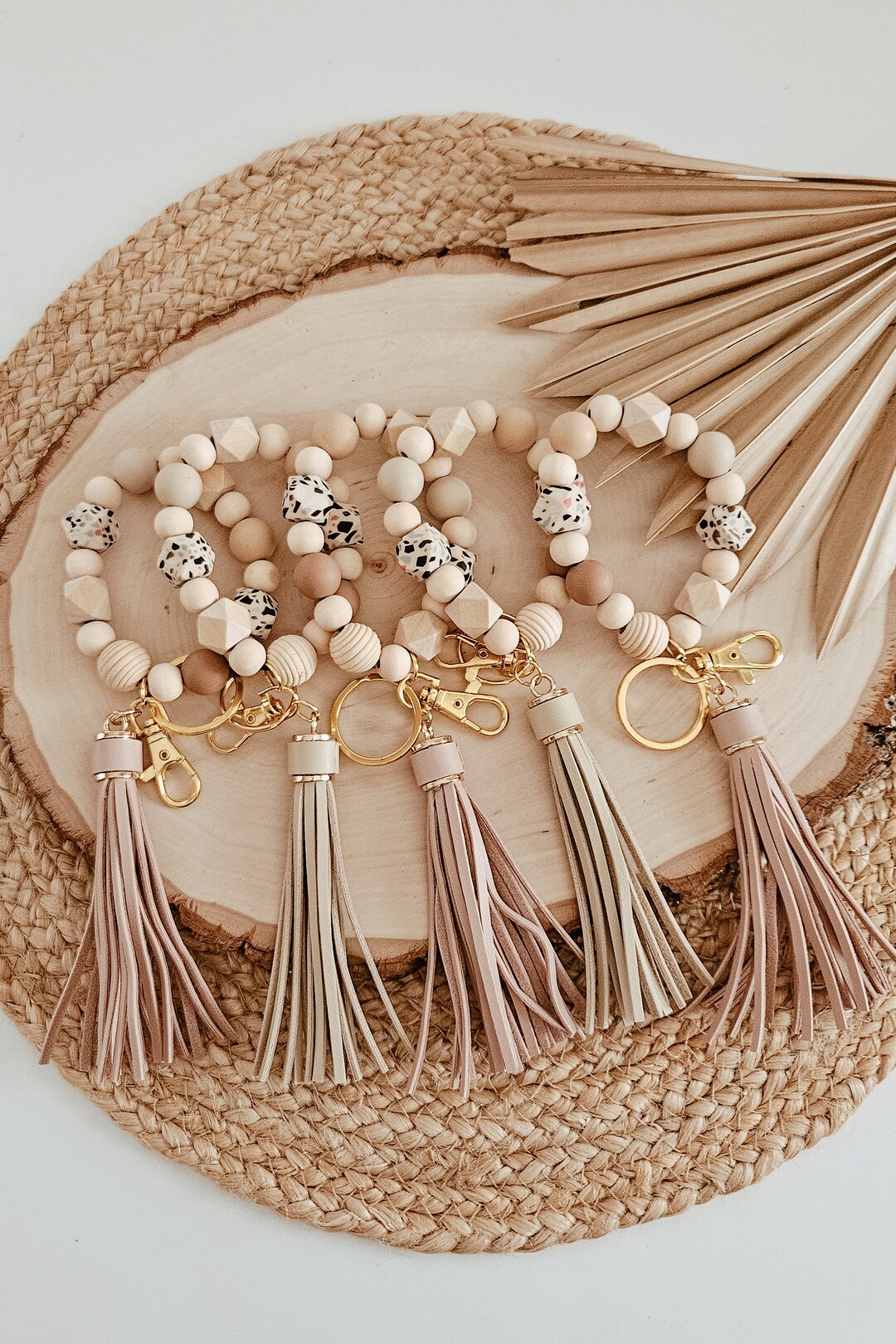 Boho Neutral Silicone Beaded Wristlet With PU Tassel Keychain Bracelet ...