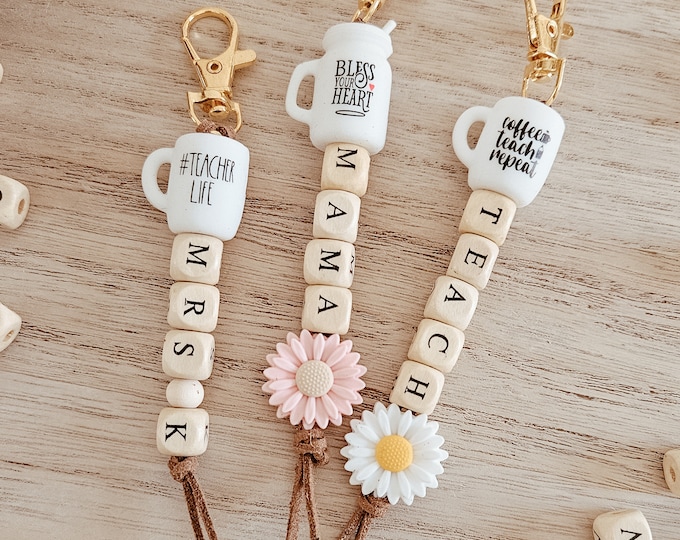 Personalized Coffee Cup Keychain | Coffee Teach Repeat | Boho Letter ...