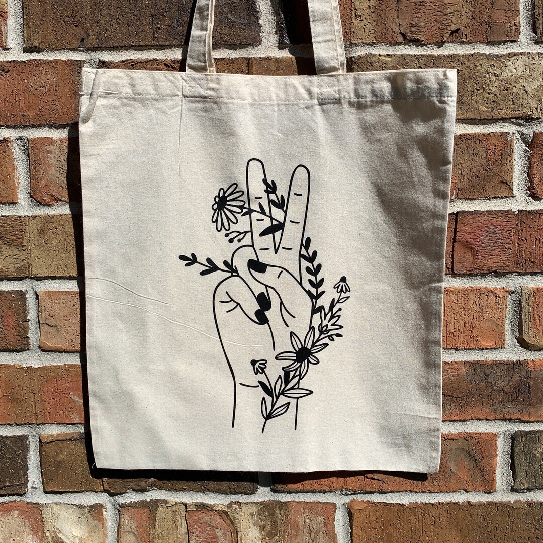 Floral Peace Sign Tote Bag | Floral Tote | Reusable Canvas Shoulder Bag ...
