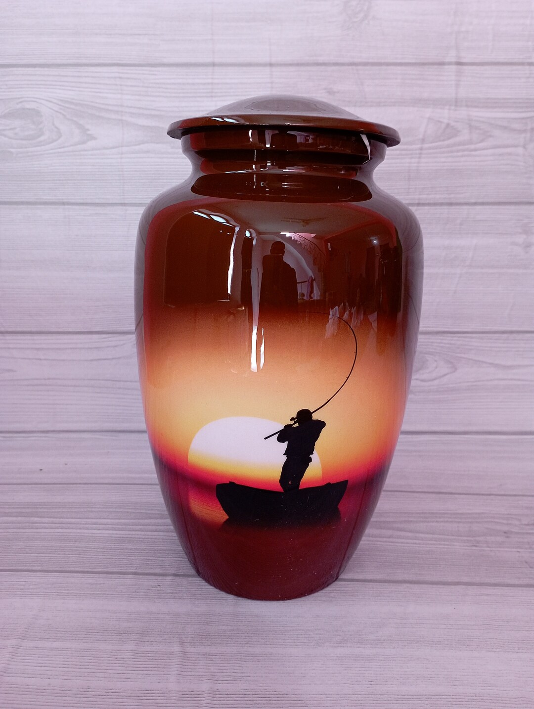 Brown Fisherman Cremation Urn for Ashes: Adult Large Metal Urn (velvet ...