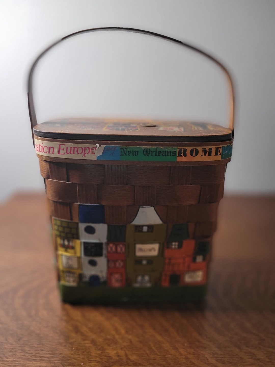 Vintage Signed Caro Nan Hand Painted Wooden Woven Basket Purse Handbag ...