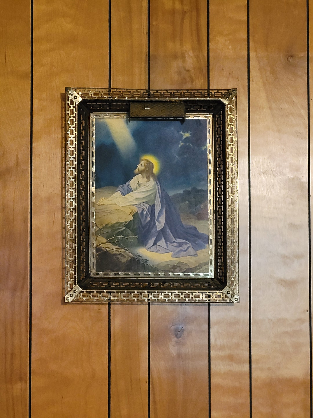 Art Nouveau Tin Frame With Display Light Featuring Jesus Praying in the ...