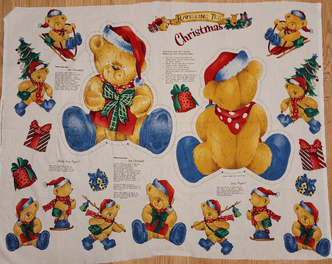 Rambling Ted Christmas Teddy Bear Pre Printed Fabric Panel Appliques ...