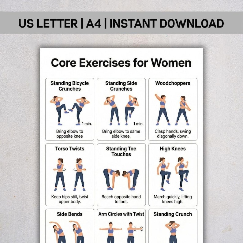 Core Exercises for Women, Standing Waist Workout PDF, Printable Ab ...