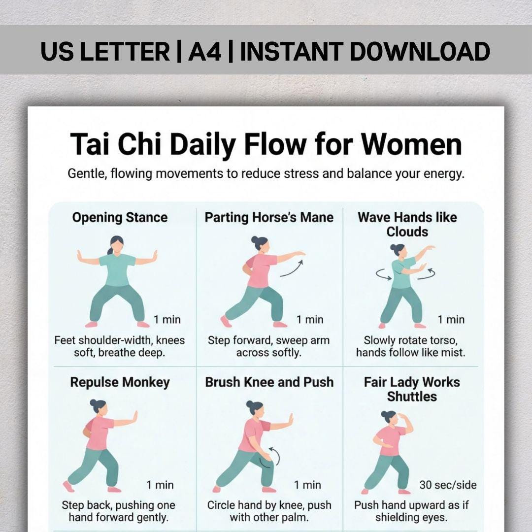Tai Chi Daily Flow for Women, Beginner Tai Chi Infographic PDF, Gentle ...