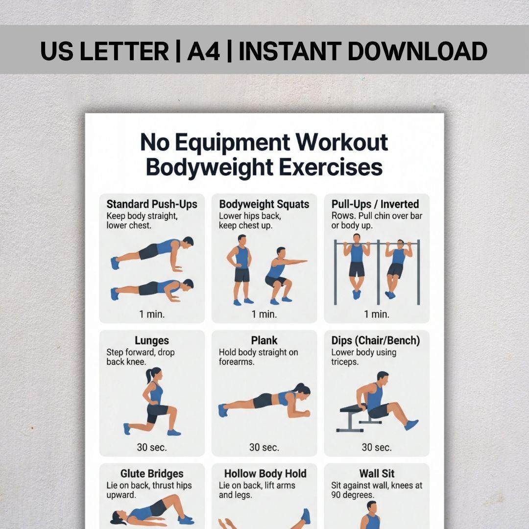 Bodyweight Exercise Chart PDF, No Equipment Home Workout Printable ...