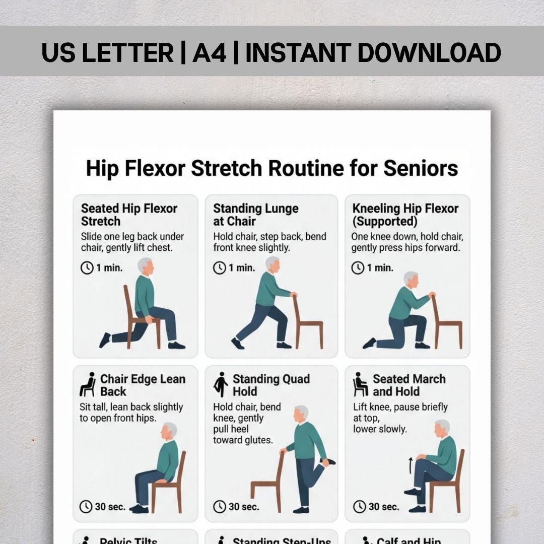 Hip Flexor Stretch Routine Printable PDF, Flexibility Exercise Chart ...
