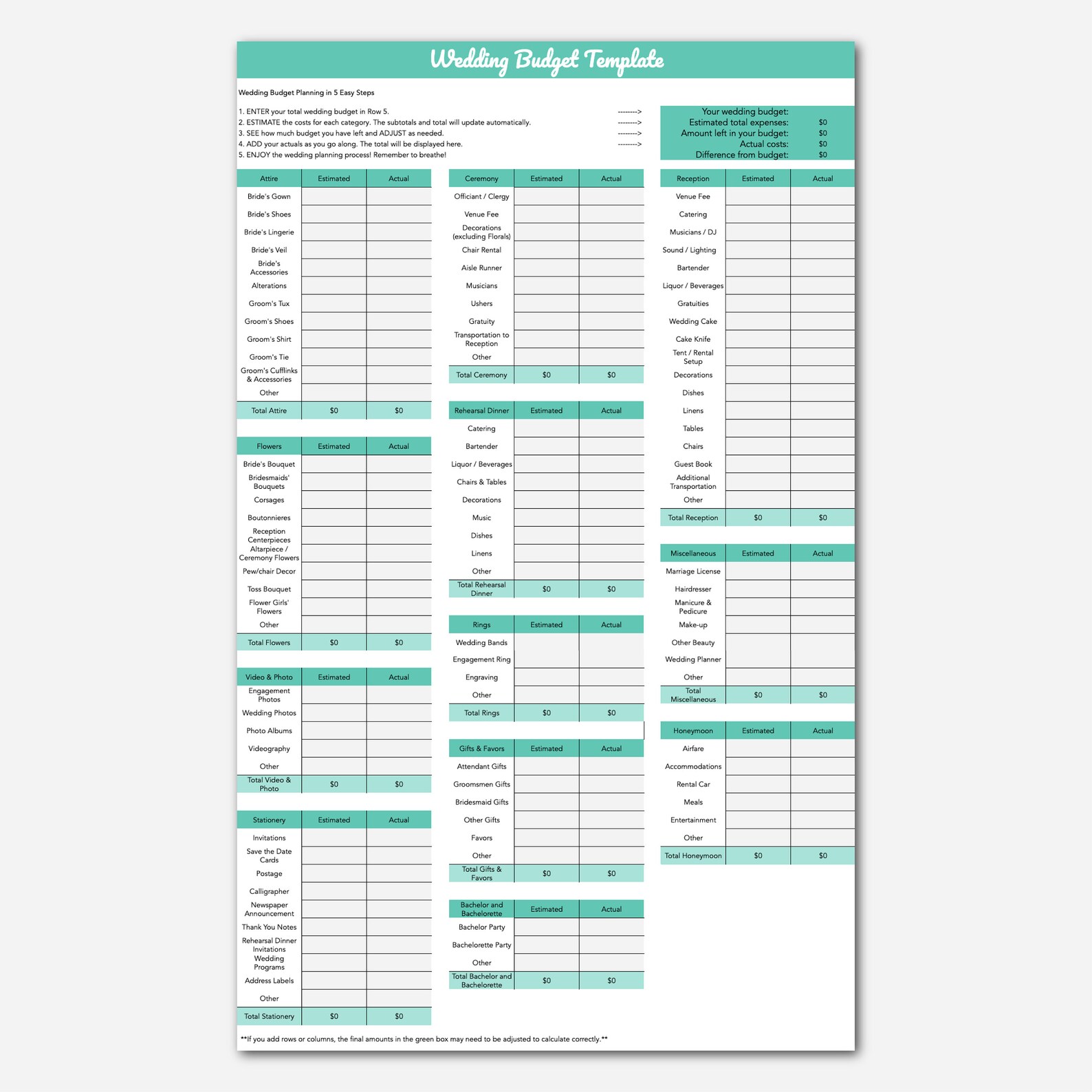 Editable Wedding Budget Template, Easy Excel Template, Spreadsheet for ...