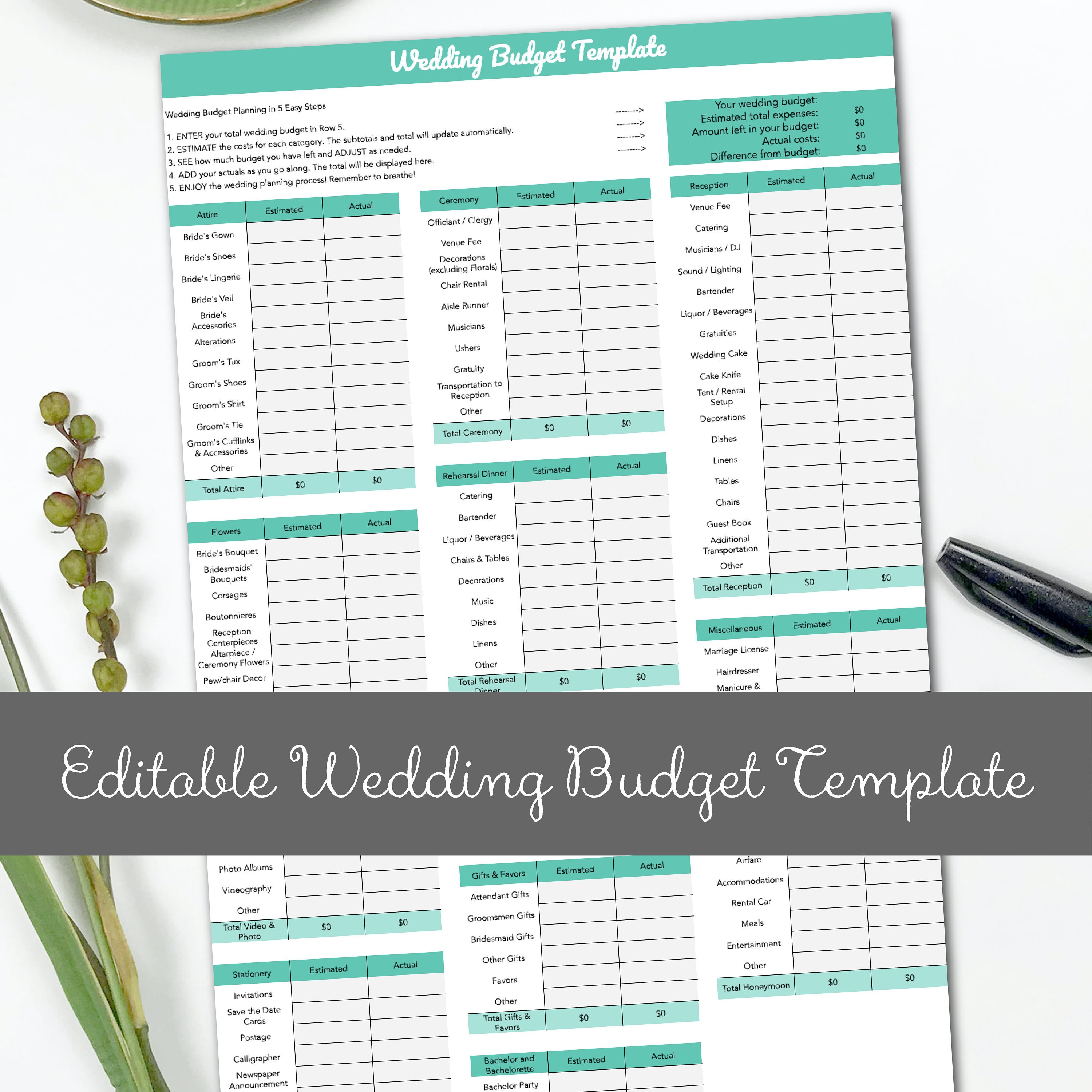 Editable Wedding Budget Template, Easy Excel Template, Spreadsheet for ...