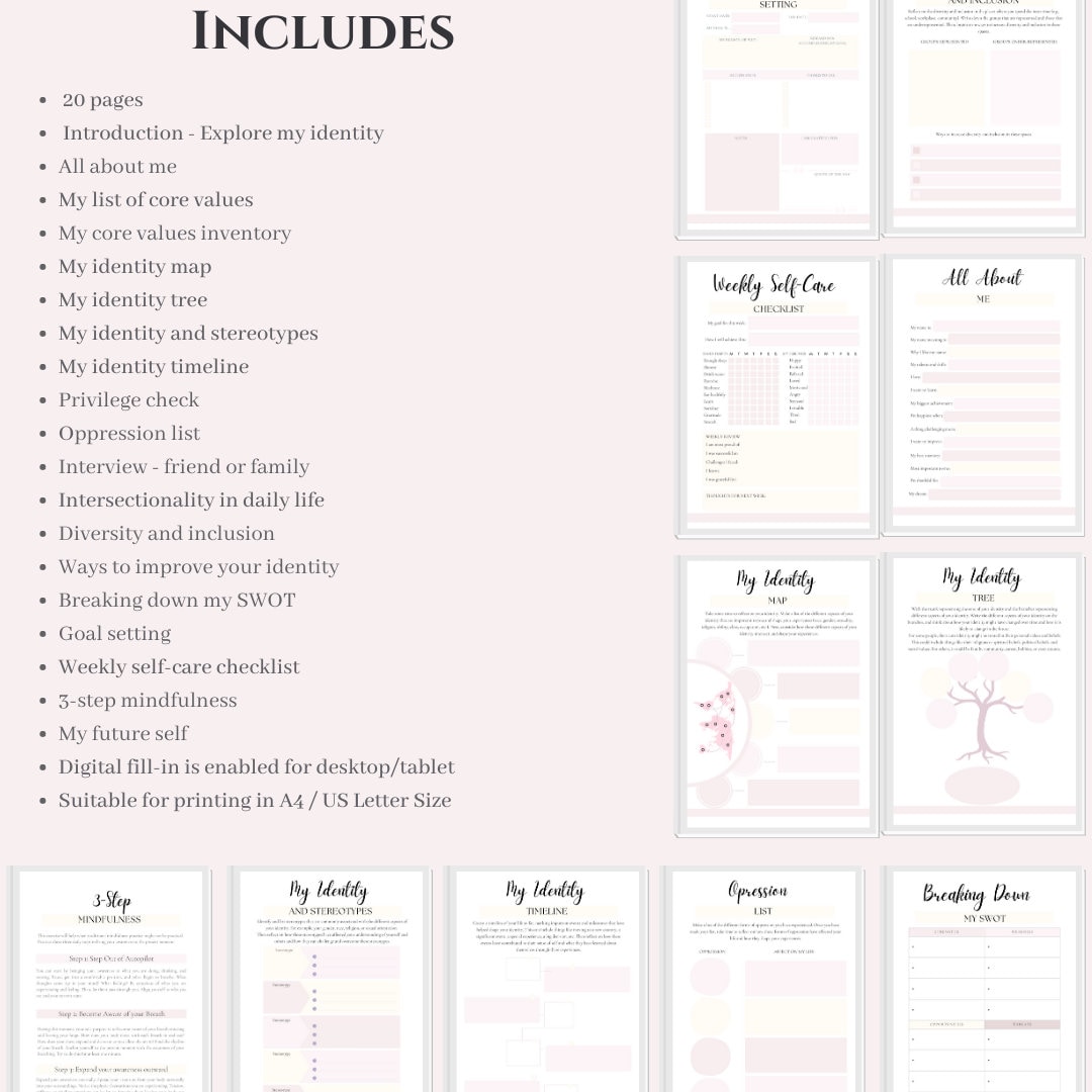 Identity Workbook Thought Challenging Worksheets Therapy Resources Self ...