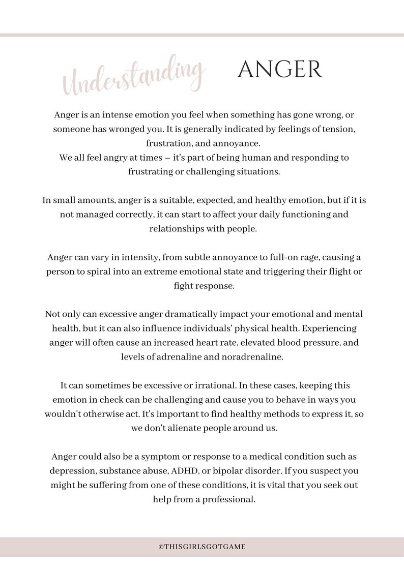 Anger Management Workbook Anger Worksheets Printable CBT Anger Therapy ...